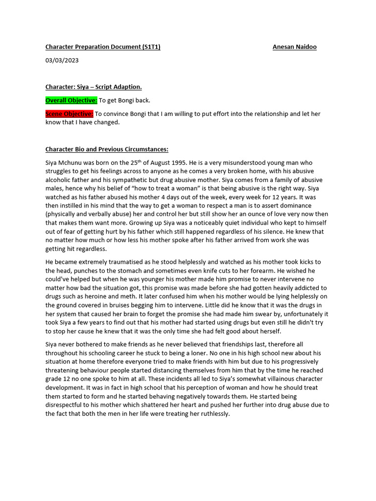 Y2S1T1 - Character Preparation Docmument Anesan Naidoo 22202289 | PDF