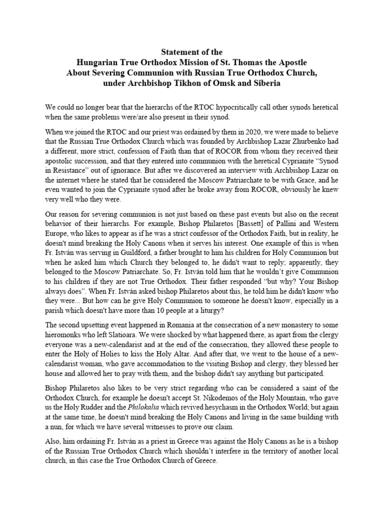 Statement of The Hungarian True Orthodox Mission of St. Thomas The ...