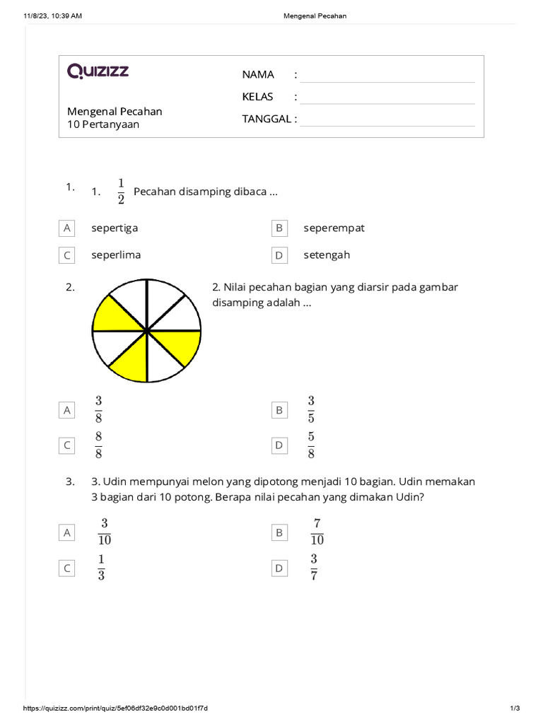 Mengenal Pecahan Quiz 1 | PDF