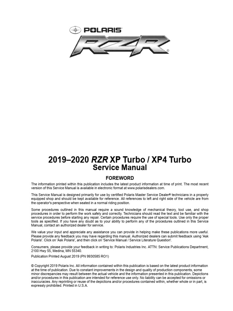2019-2020 RZR XP - XP4 TURBO Service Manual | PDF