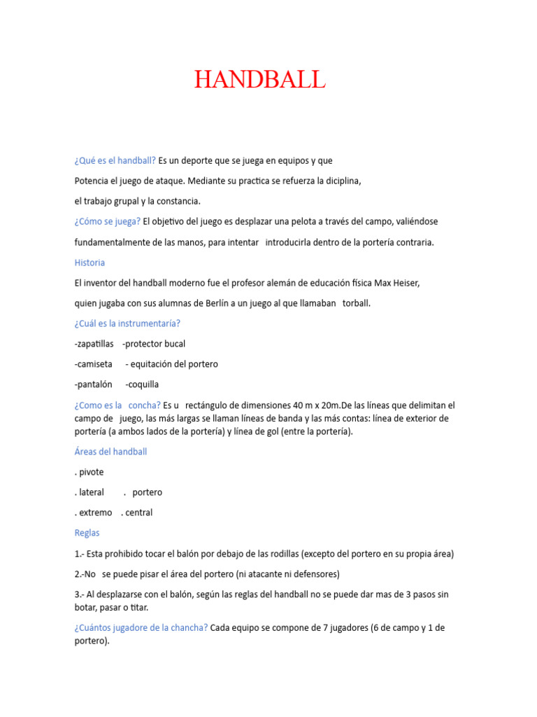 Handball: ¿Qué Es El Handball? | PDF