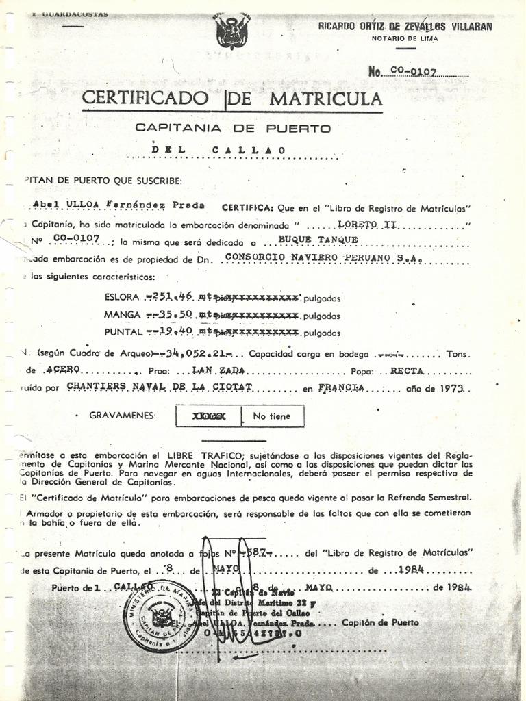Certificado de Matrícula Capitania de Puerto Del Callao | PDF