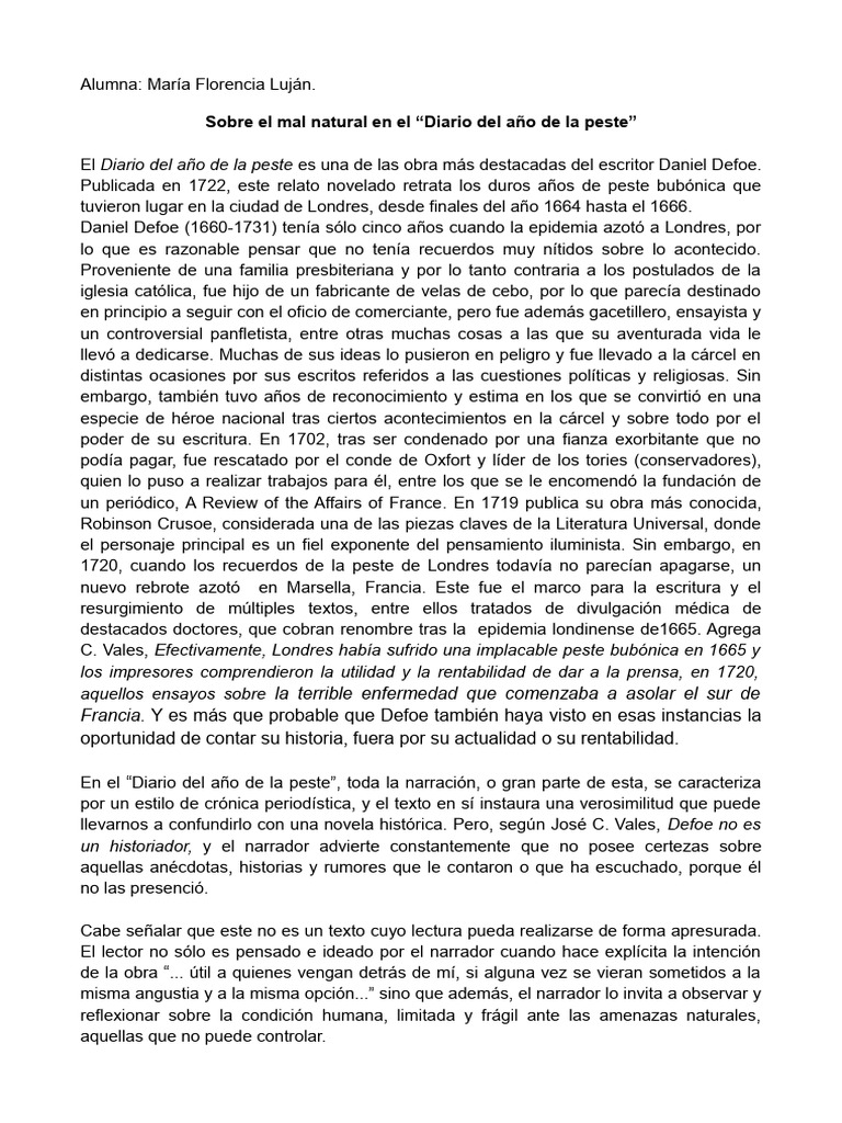 El diario del año de la peste de Daniel Defoe, análisis literario de ...