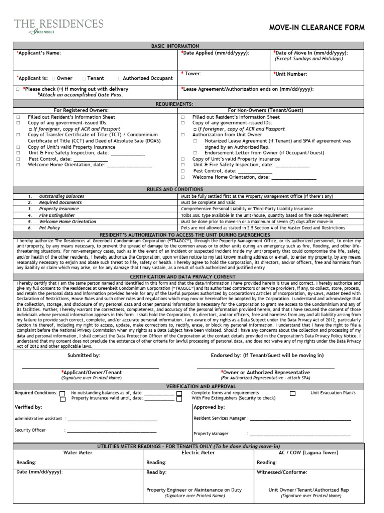 Move-In Clearance Form - TRAG 2023 | PDF | Privacy | Information Privacy