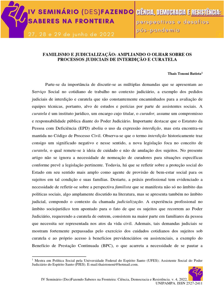 Familismo e Judicialização - Ampliando o Olhar Sobre Os Procs de Interd ...