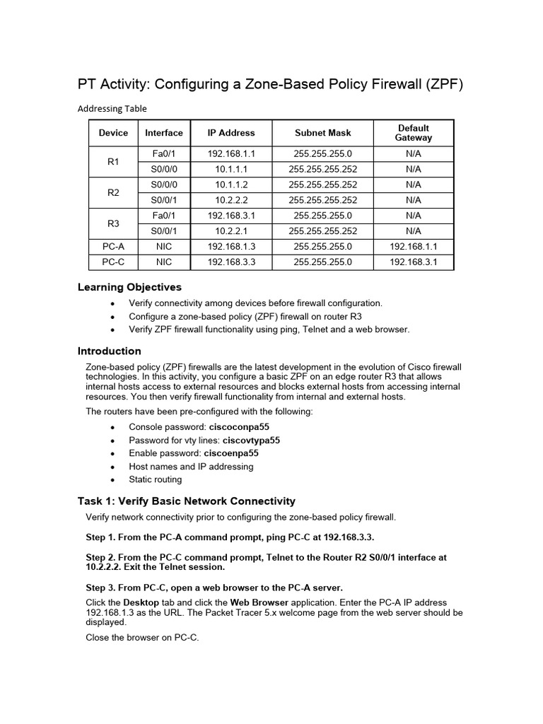 PT Activity Configuring A Zone-Based Policy Firewall (ZPF) | PDF | Router (Computing) | Ip Address