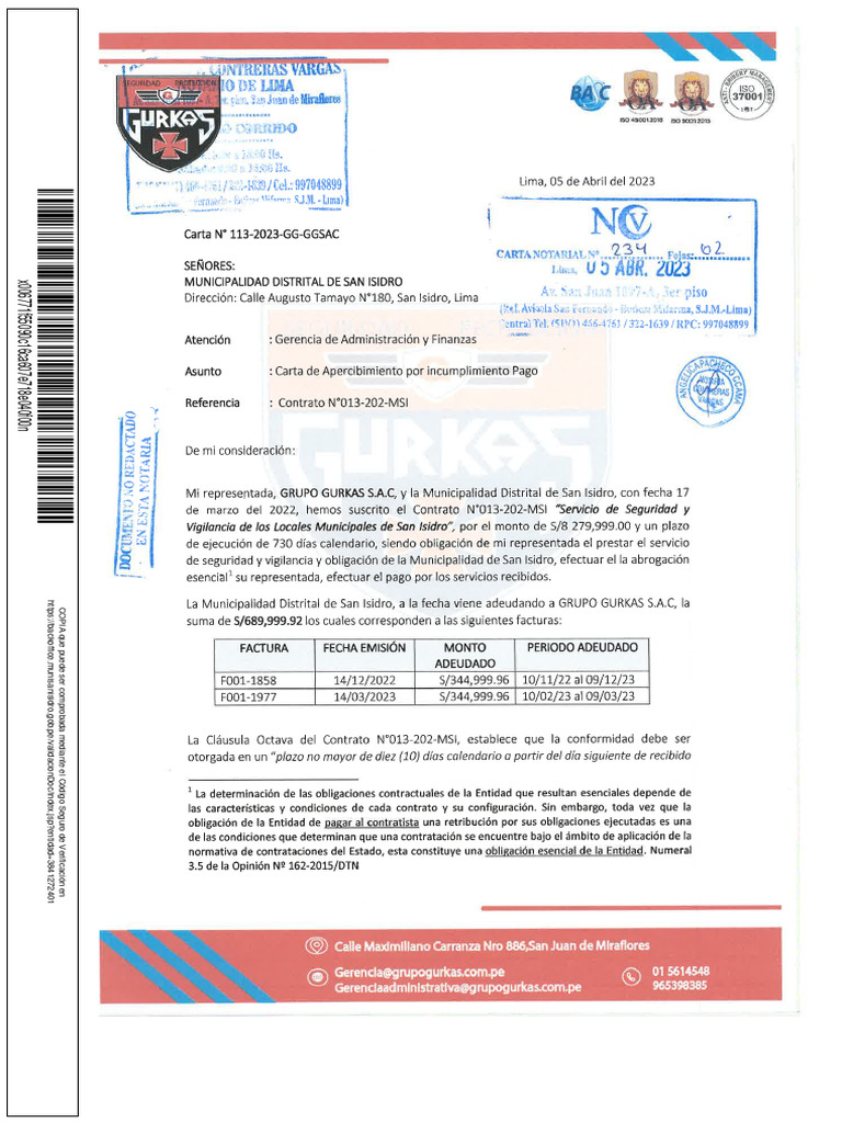 Carta de Apercibimiento Por Incumplimiento Pago | PDF Carta de Apercibimiento Por Incumplimiento Pago | PDF
