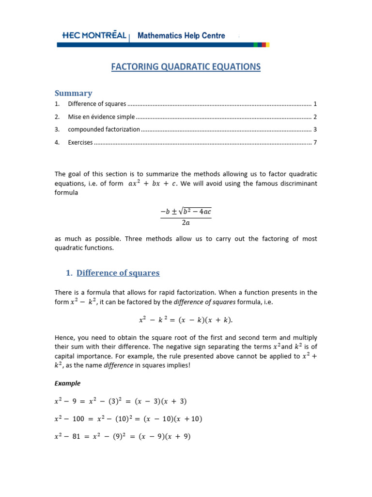 Factoring Quadratic Equations Guide | PDF | Factorization | Quadratic ...