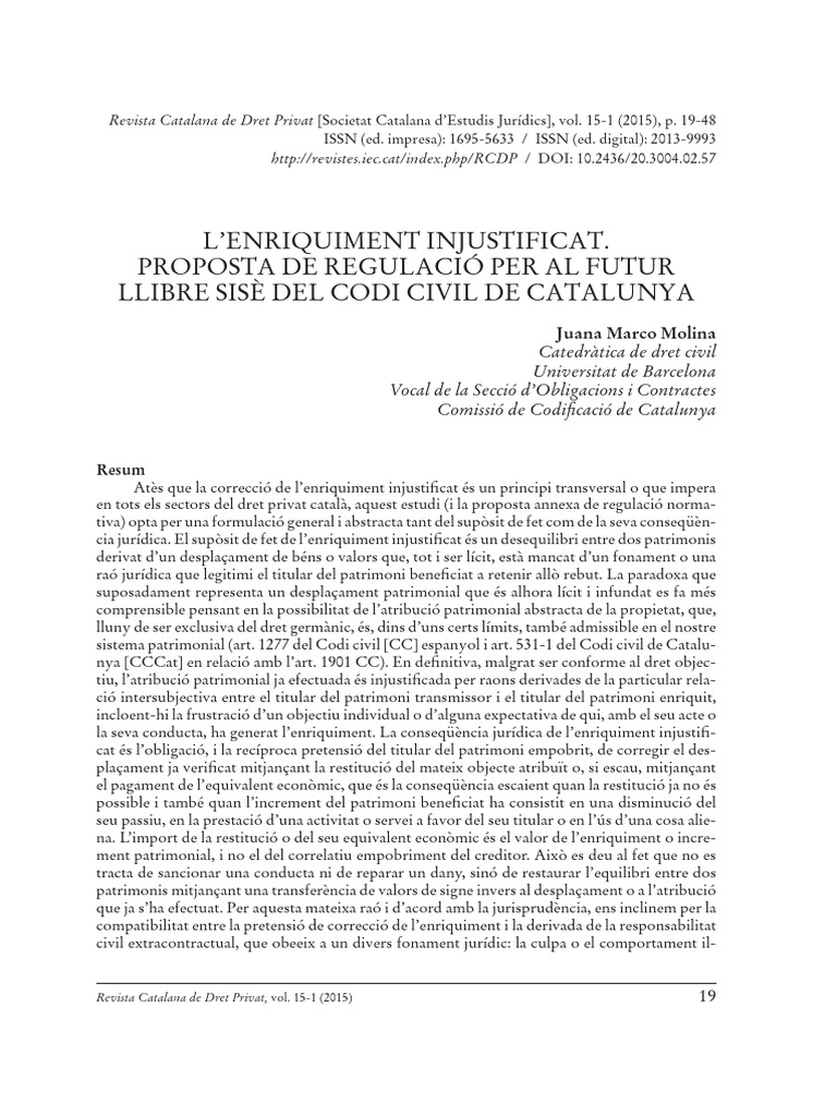 L'enriquiment Injustificat. Proposta de Regulació Per Al Futur Llibre Sise Del Codi Civil de ...