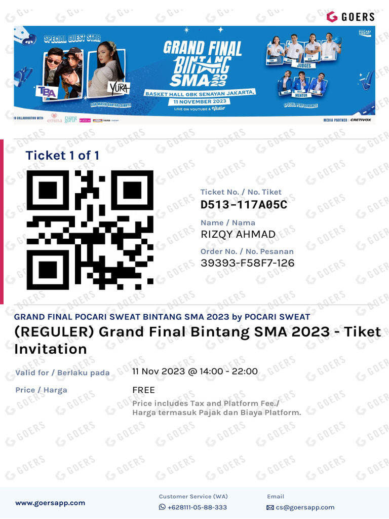 Ticket 1 of 1: (REGULER) Grand Final Bintang SMA 2023 - Tiket ... Ticket 1 of 1: (REGULER) Grand Final Bintang SMA 2023 - Tiket ...