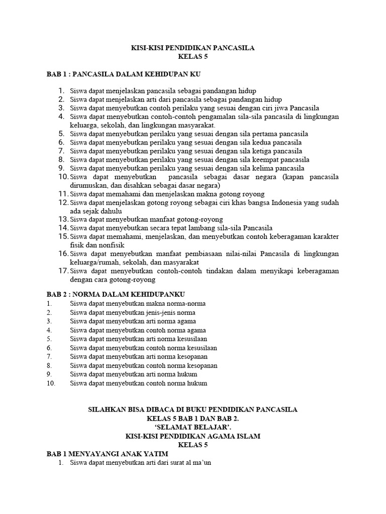 KISI-KISI PENDIDIKAN PANCASILA Dan PAI KELAS 5 SEMESTER 1 | PDF | Kajian Bahasa Asing | Agama ...