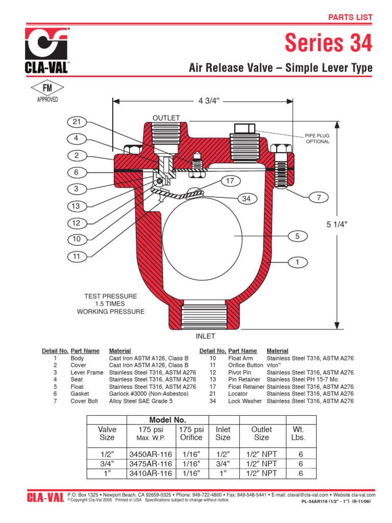 Air Release Valve Cla-Val | PDF | Valve | Steel