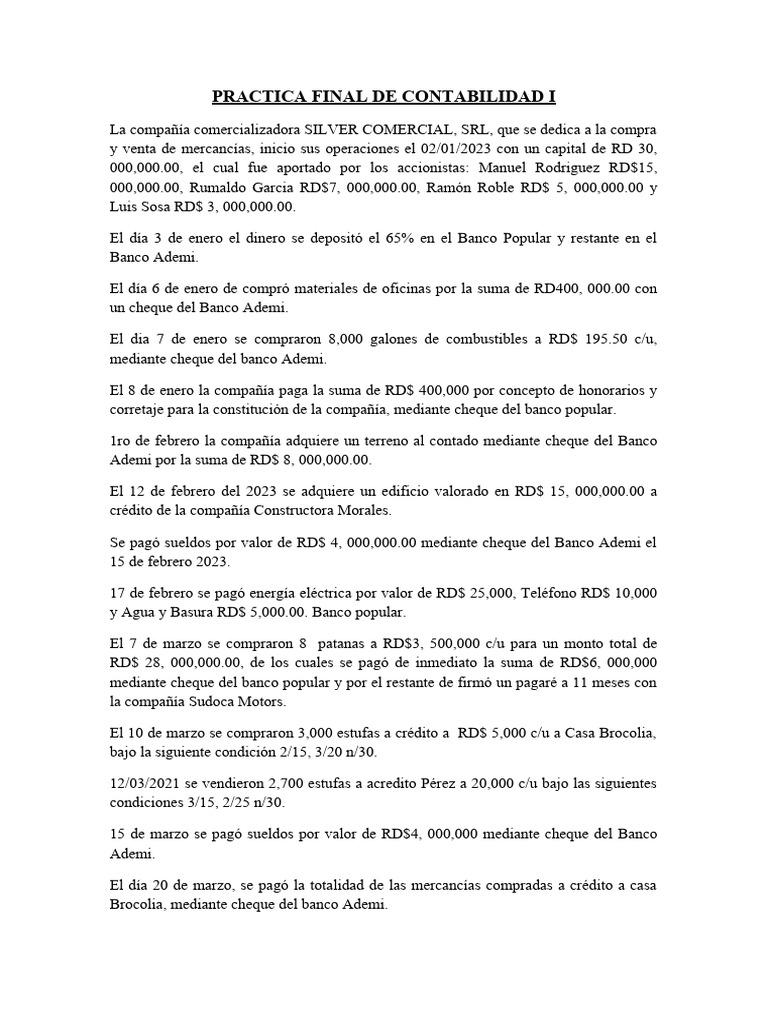 Practica Final de Contabilidad I Septiembre-Diciembre 2023 | PDF | Bancos | Cheque