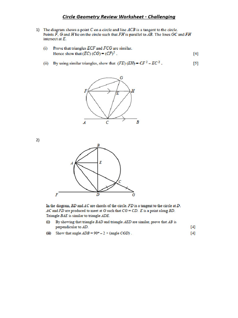 Circle Geometry Review Worksheet - Challenging | PDF
