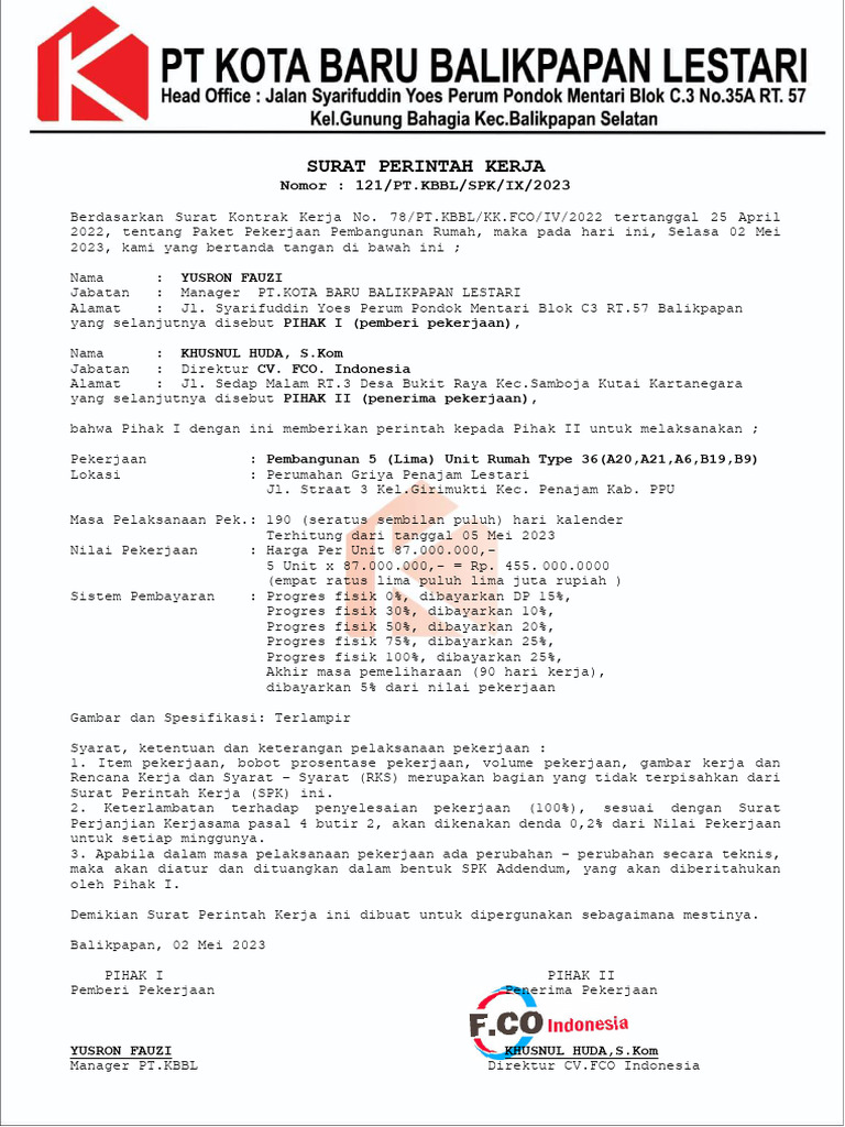 Surat Perintah Kerja Fco | PDF