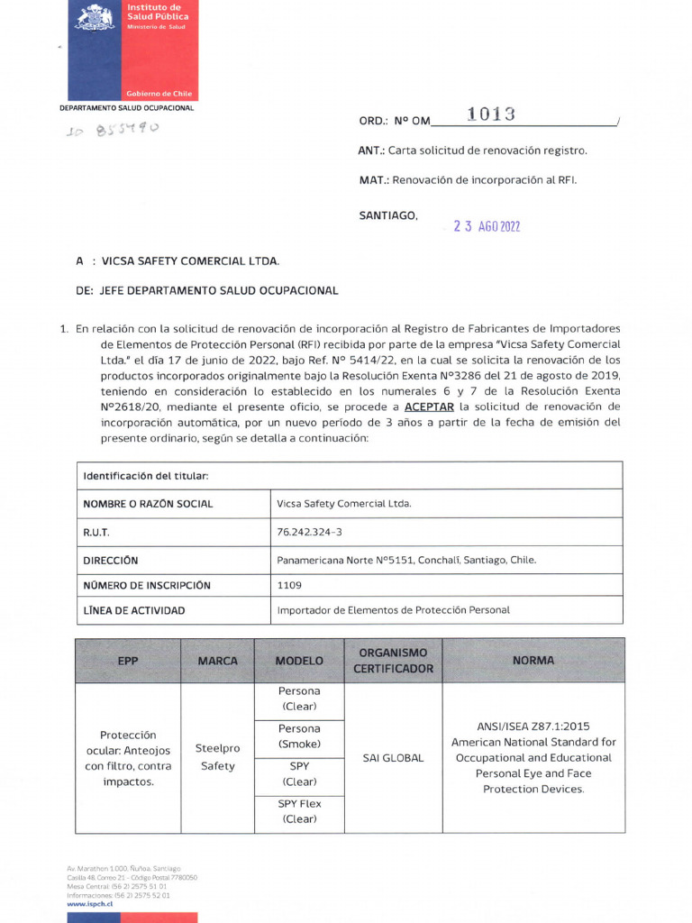 Certificado de Calidad LENTES STEELPRO Vcto 23-08-2025 | PDF