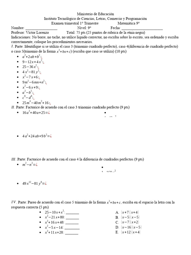 Examen Trimestral 9 Matematica | PDF | Análisis numérico | Álgebra