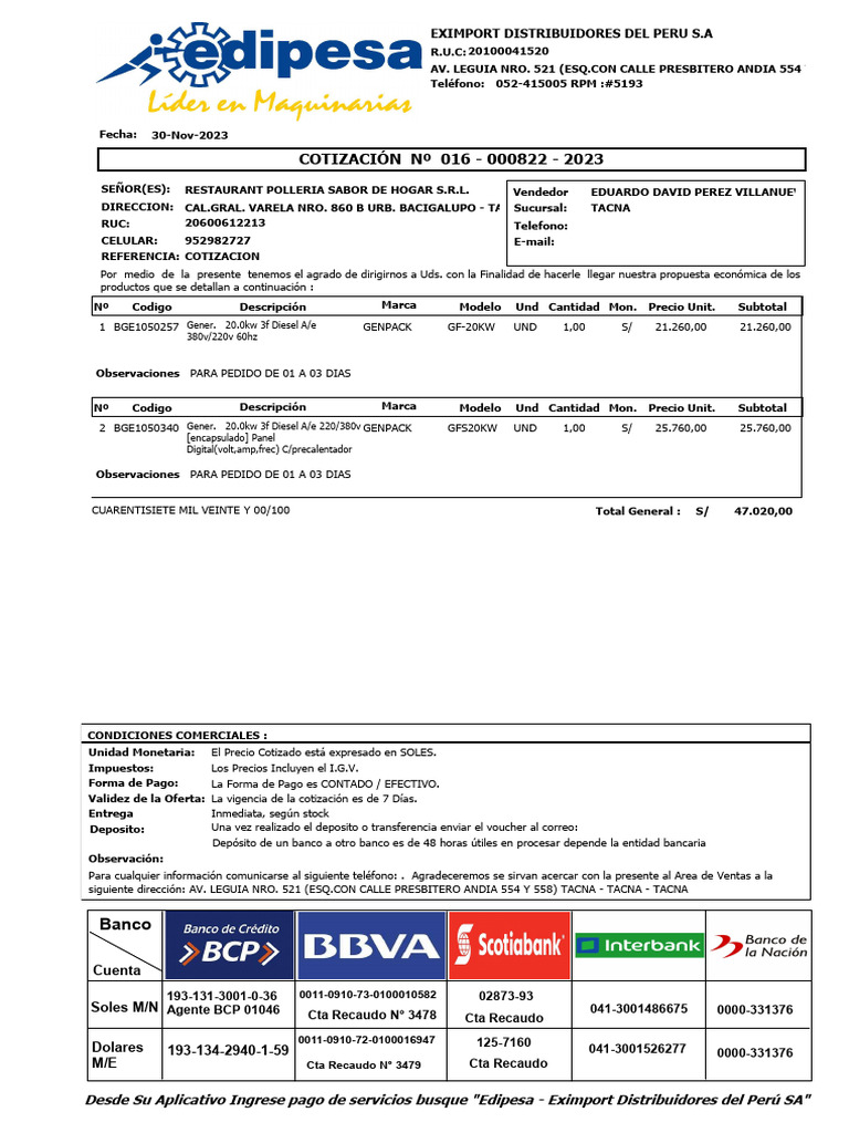 COTIZACION RESTAURANT POLLERIA SABOR DE HOGAR 30-11-23 | PDF ...