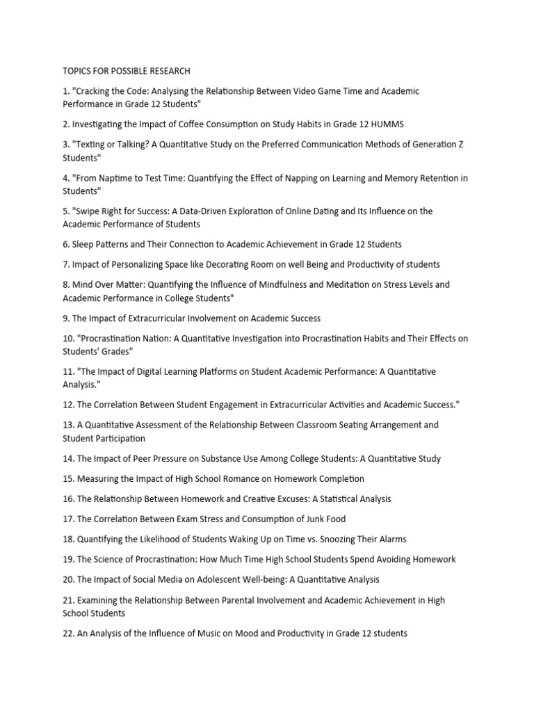 Topics For Possible Research | PDF | Procrastination | Professional Skills