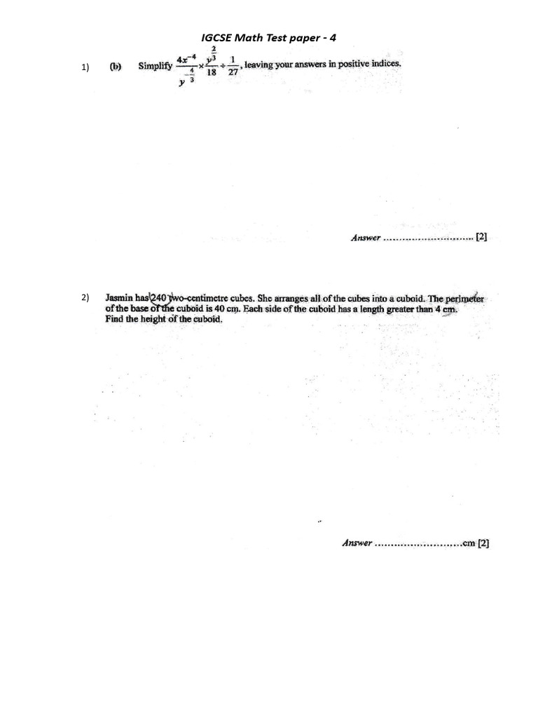 Igcse Math Test Paper 4 Pdf