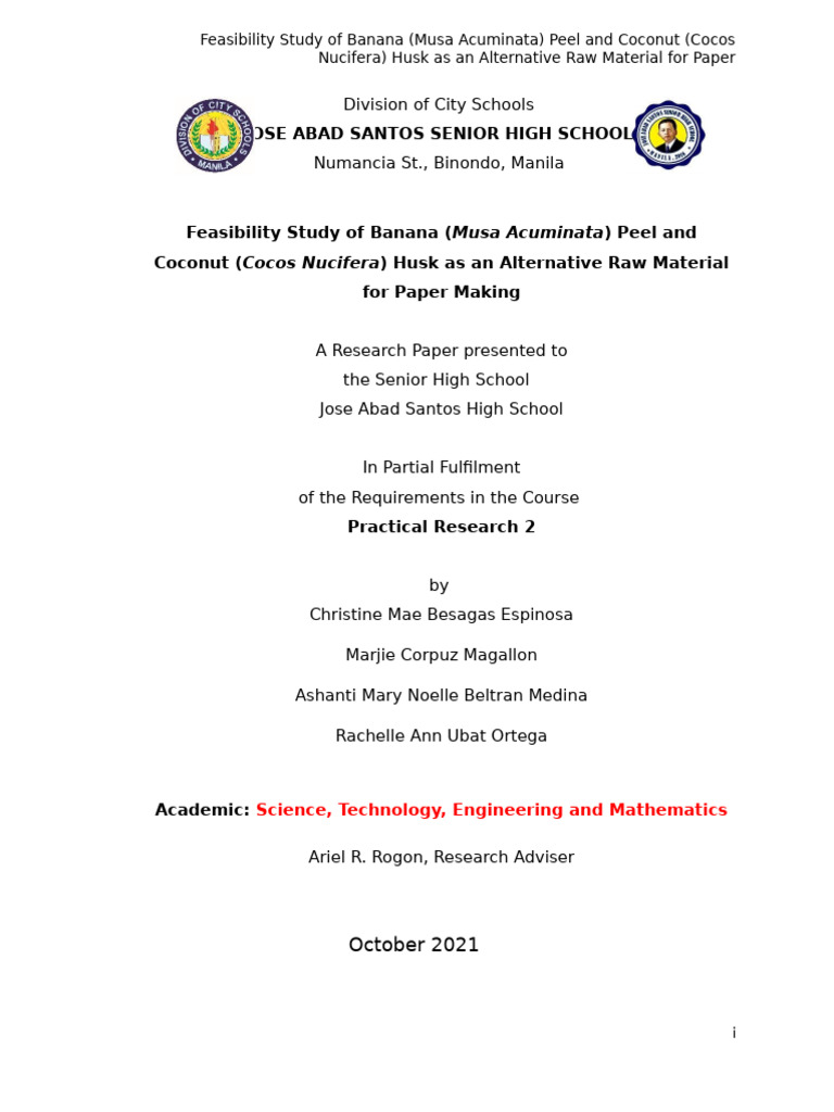 Feasibility Study of Banana Peels and Coconut Husks As An Alternative Raw Materials For Paper ...