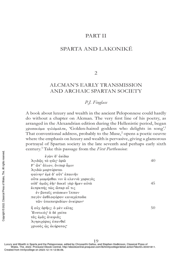 Luxury and Wealth in Sparta and The Peloponnese - (2. Alcman's Early ...