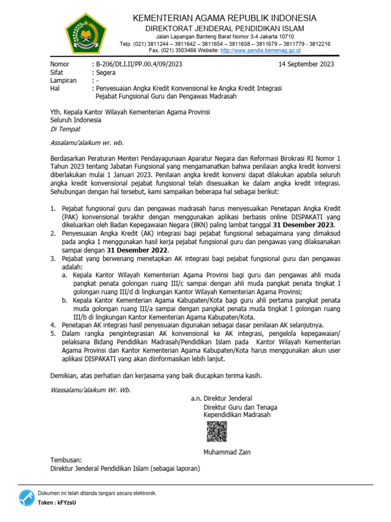 Surat Penyesuaian AK Integrasi - Tte | PDF