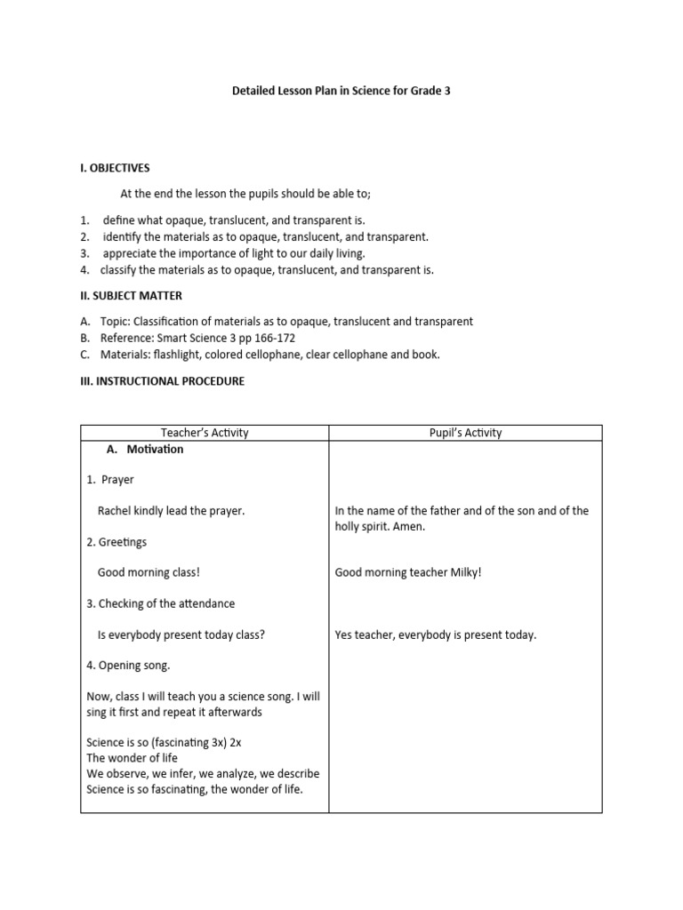Detailed Lesson Plan in Science for Grade 3 Milky Aniel | PDF | Shadow ...