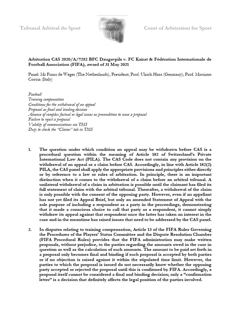 Tribunal Arbitral Du Sport Court of Arbitration For Sport | PDF ...