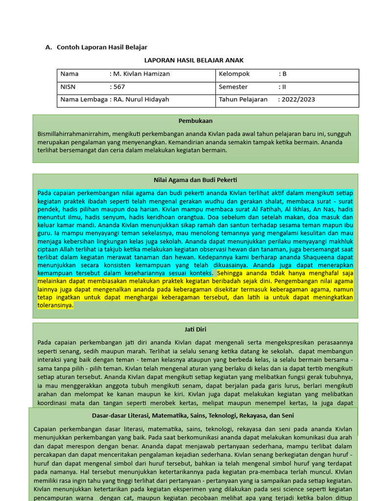 Contoh Laporan Hasil Belajar | PDF