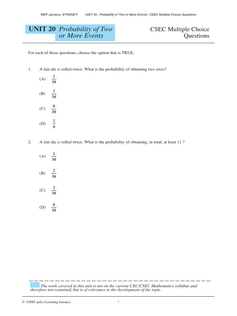 CSEC Probability Questions & Solutions | PDF | Multiple Choice ...