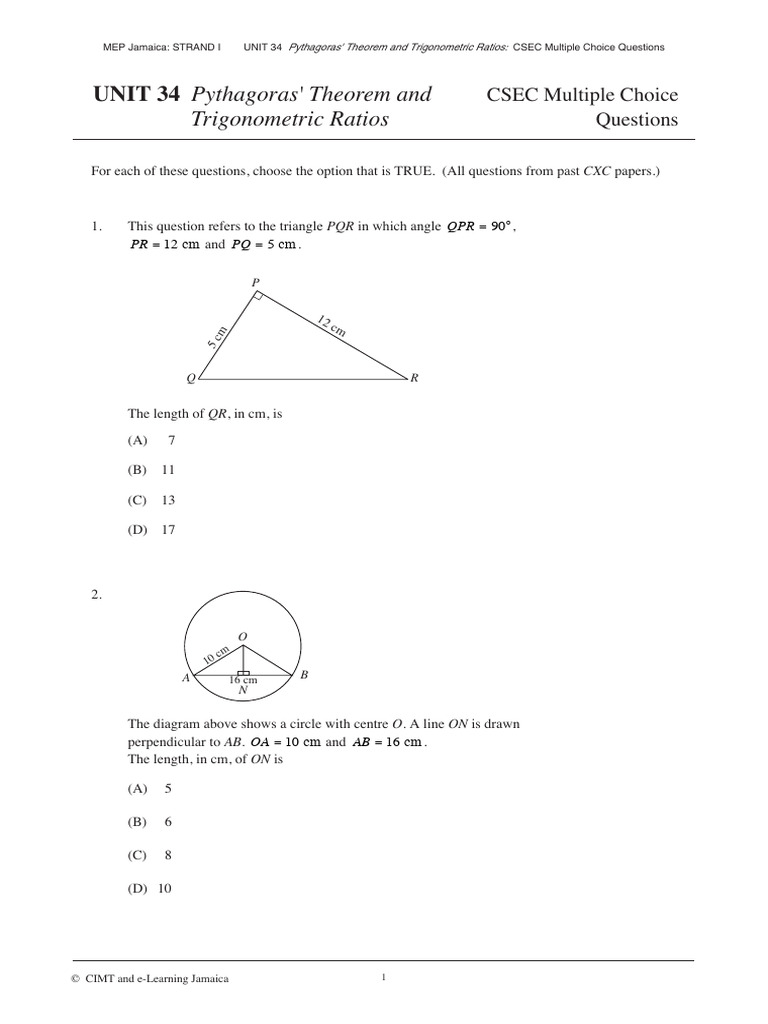 Csecmultiplechoice - Pythagoras and Trig Ratios | PDF | Triangle | Trigonometry