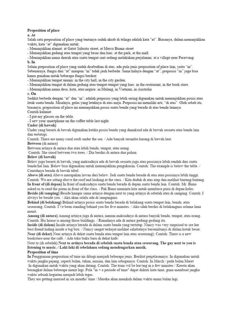 Prepositions: Place & Time Usage Guide | PDF | Seni & Disiplin Bahasa