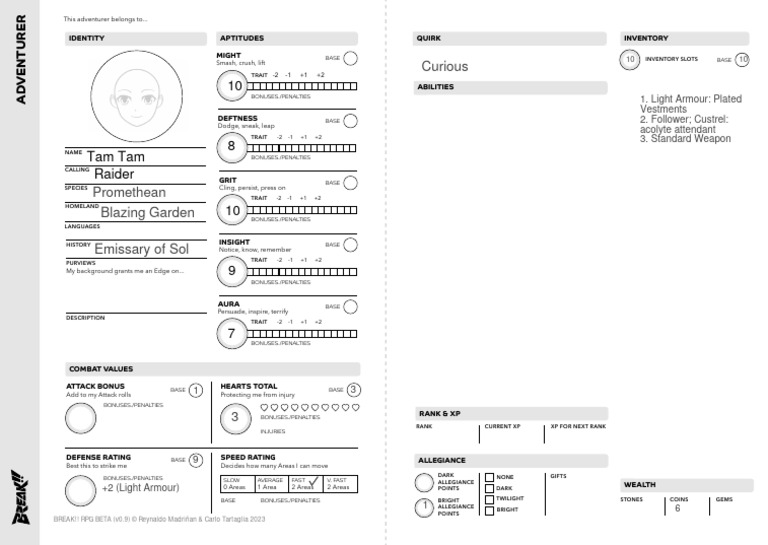 BREAK Character Sheet (Tam) | PDF | Role Playing Games | Gaming
