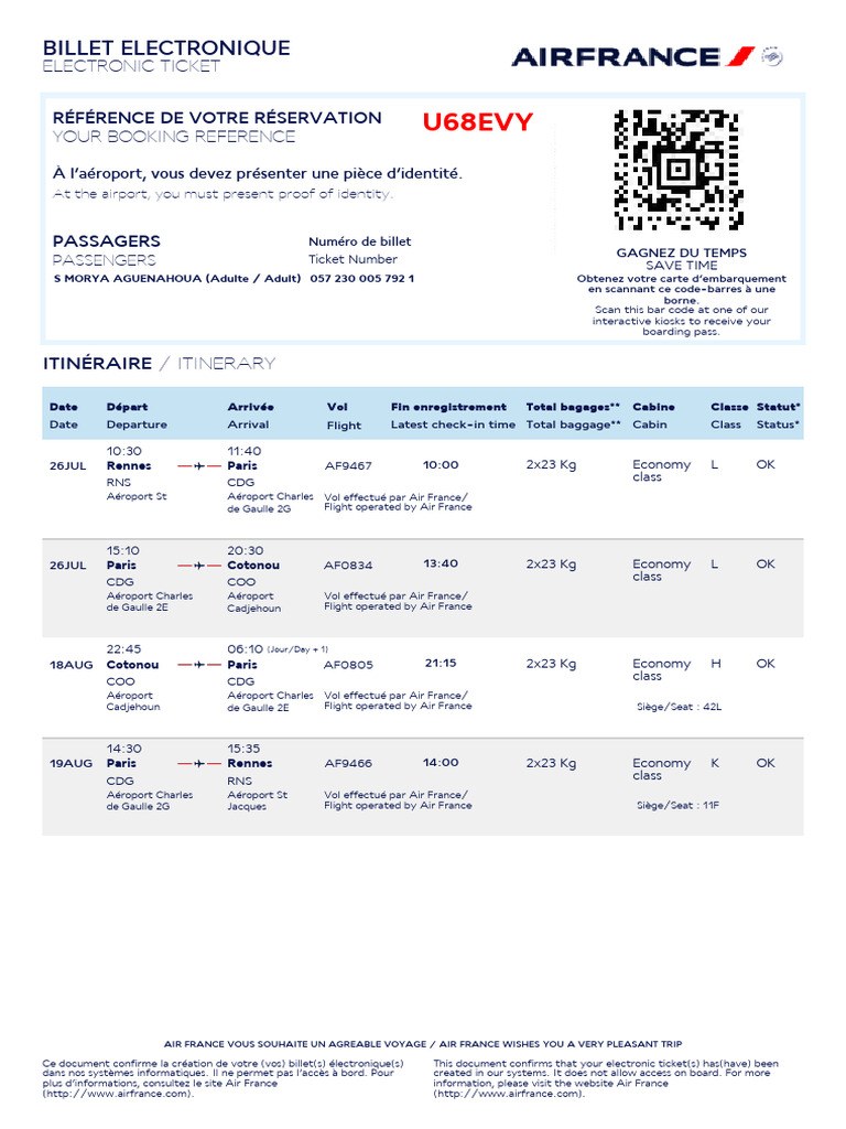 Billet Retour Benin 26juillet | PDF