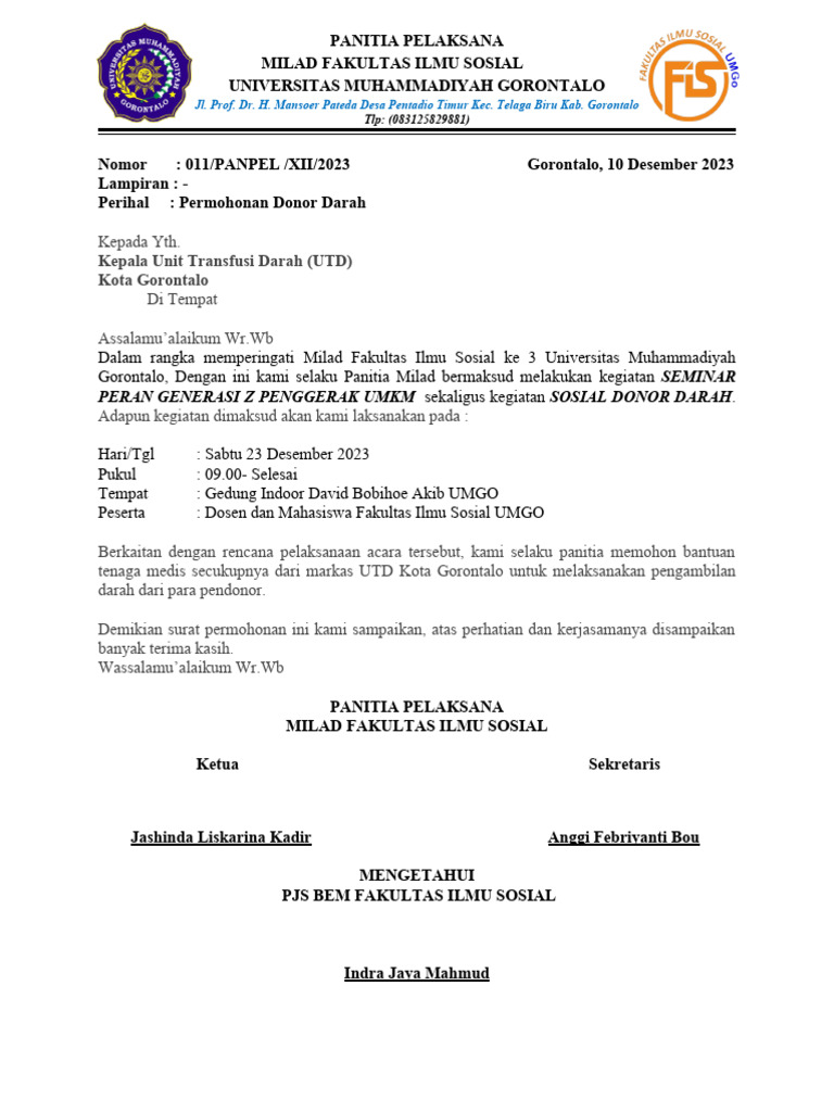 Surat Permohonan Donor Darah FIS-1 | PDF