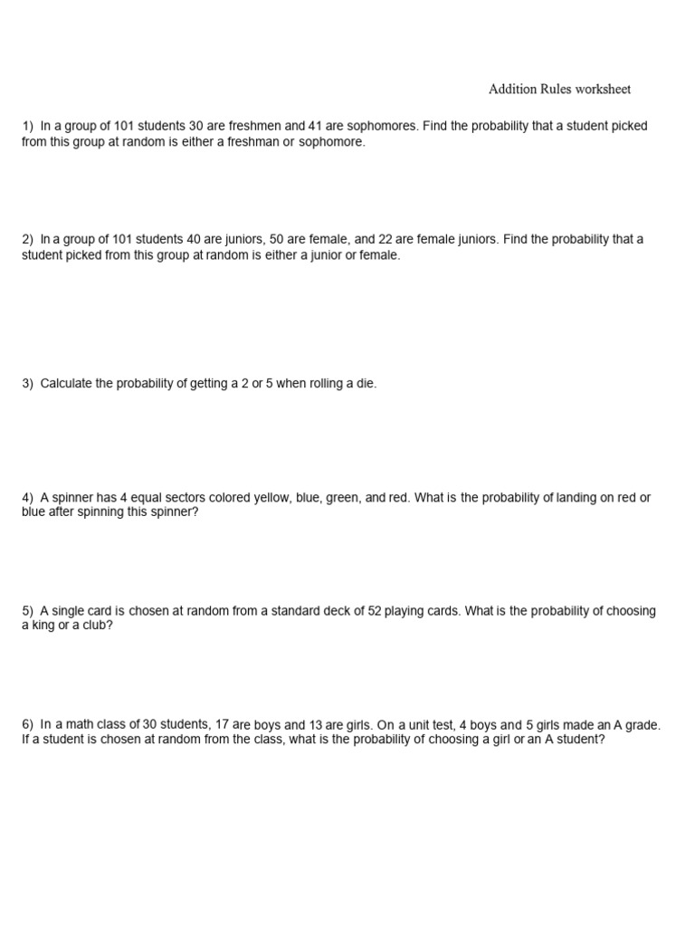 Probability Addition Rules Worksheet | PDF | Wellness