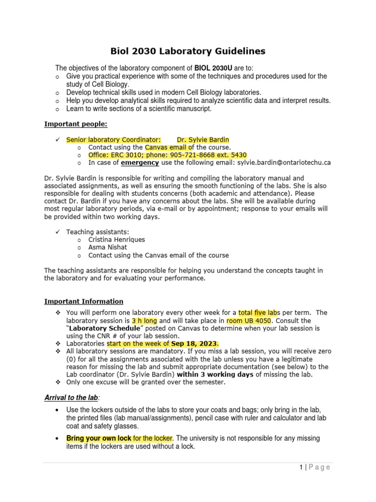 BIOL 2030 Lab Guidelines and Protocols | PDF | Laboratories