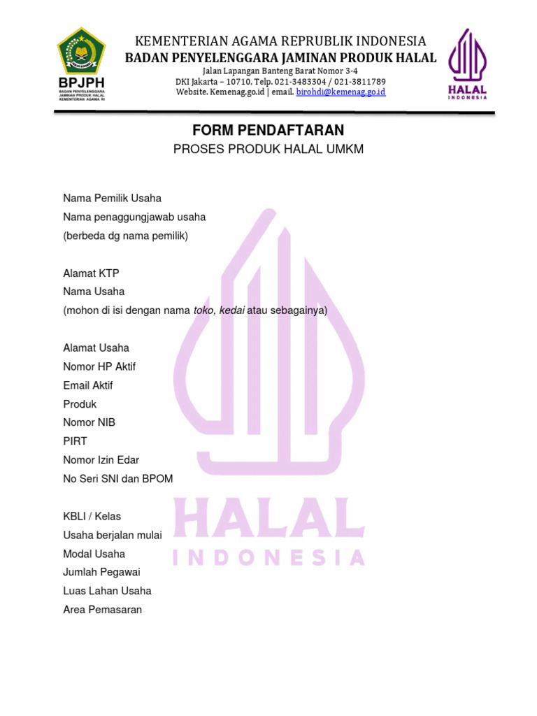 Form Pendaftaran Halal Umkm | PDF