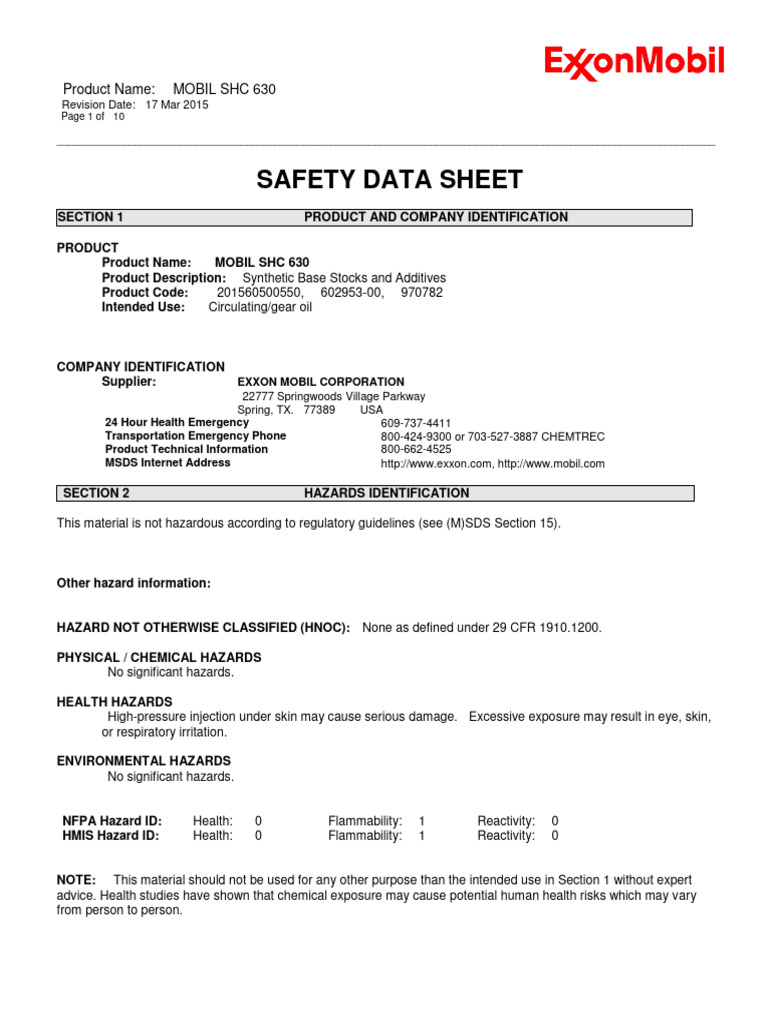 Mobil SHC 630 Sds | PDF | Occupational Safety And Health | Chemistry