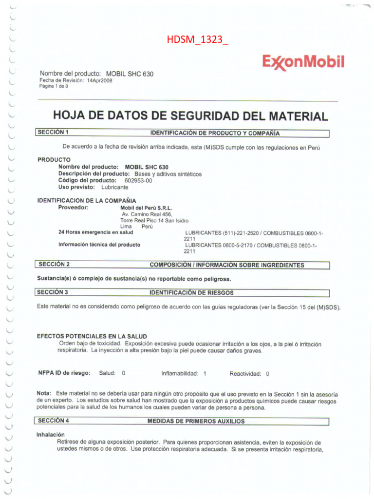 HDSM - 1323 - Mobil SHC 630 - 14.04.2008 | PDF | Agua | Combustión