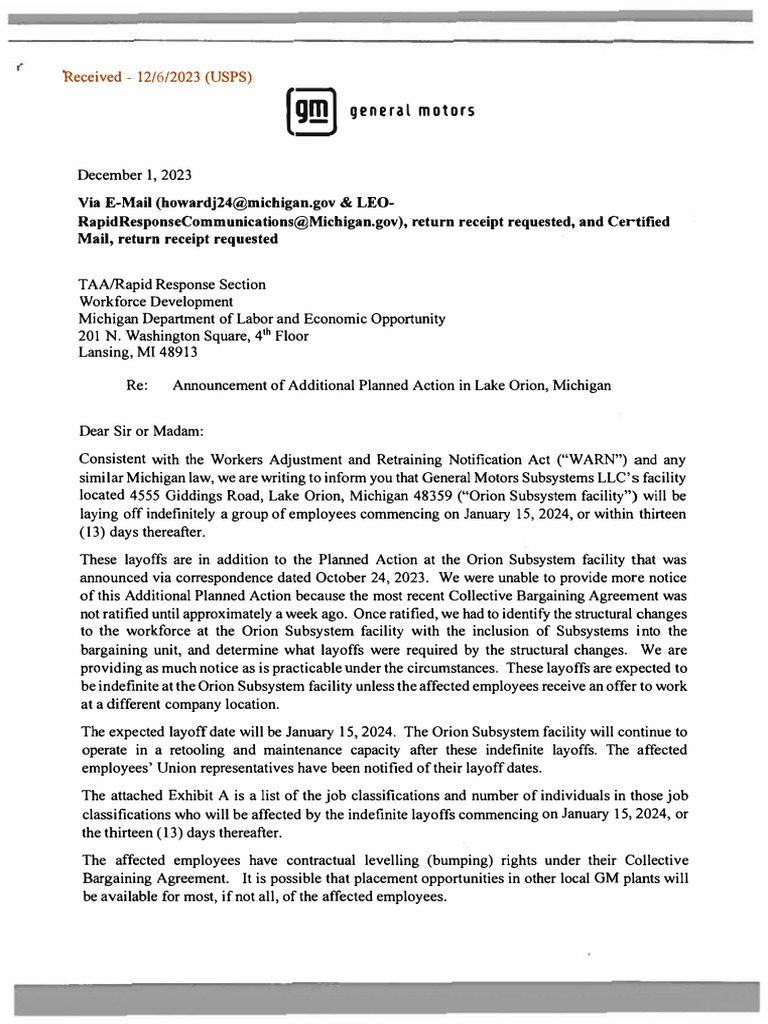 WARN Notice GM Lake Orion | Download Free PDF | Layoff | Business Ethics