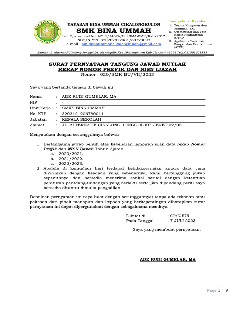 Draft SPTJM Rekap Prefik & Nisn Ijazah | PDF