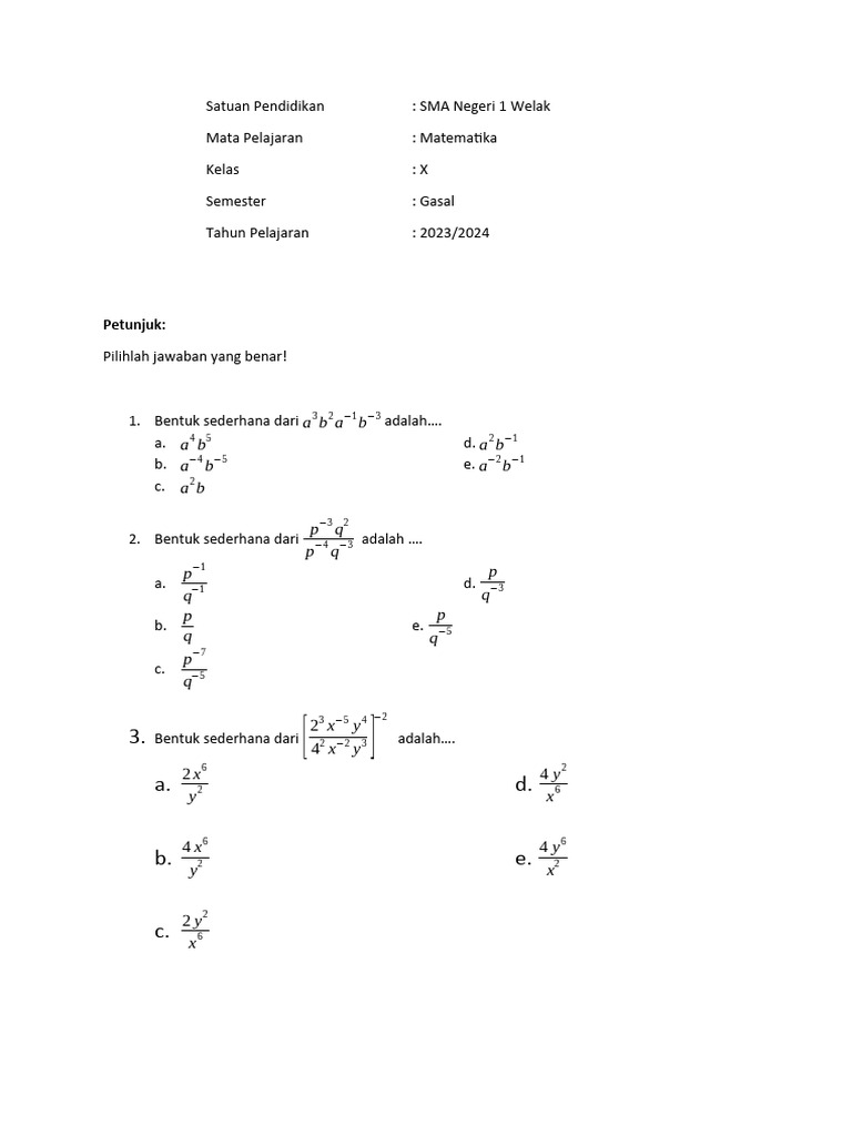 Soal Ujian Matek X | PDF