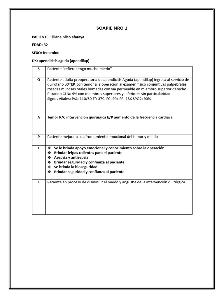 SOAPIE Centro Quirurgico | Descargar gratis PDF | Dolor | Examen físico