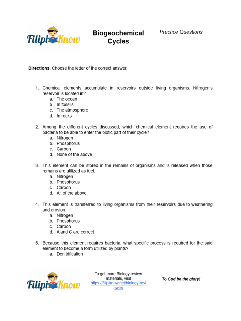 Biogeochemical Cycles Practice Quiz | PDF | Wellness | Science ...