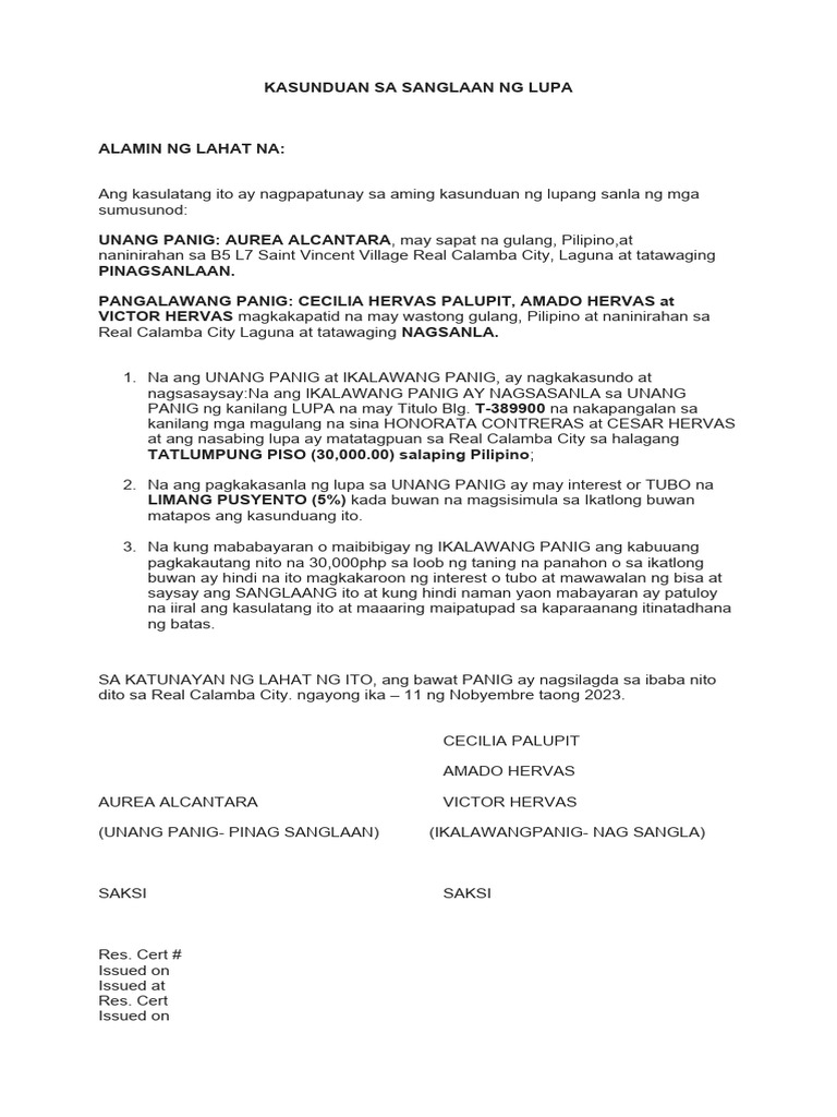 Kasunduan Sa Sanglaan NG Lupa | PDF