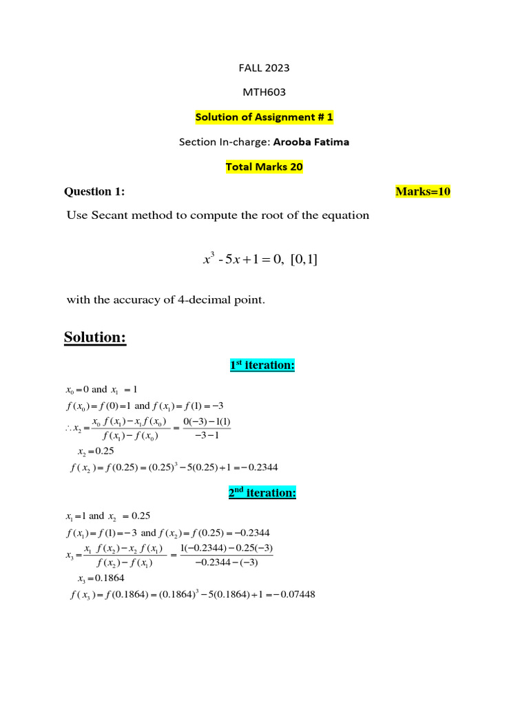 Fall 2023 - MTH603 - 1 - SOL | PDF | Equations | Mathematical Objects