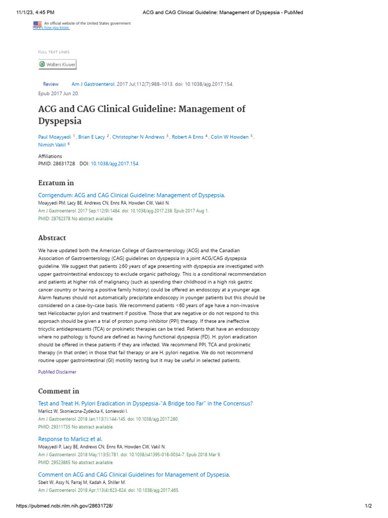 13 ACG and CAG Clinical Guideline - Management of Dyspepsia - PubMed ...