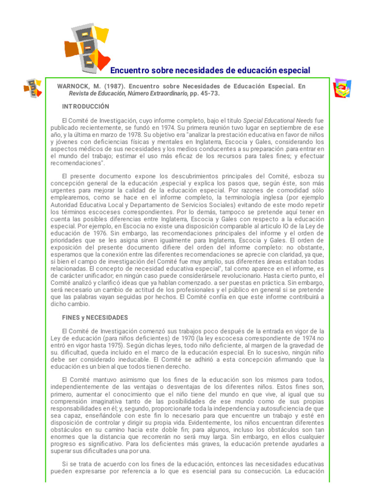 Informe Warnock (1987) | PDF | Educación especial | Trabajo Social